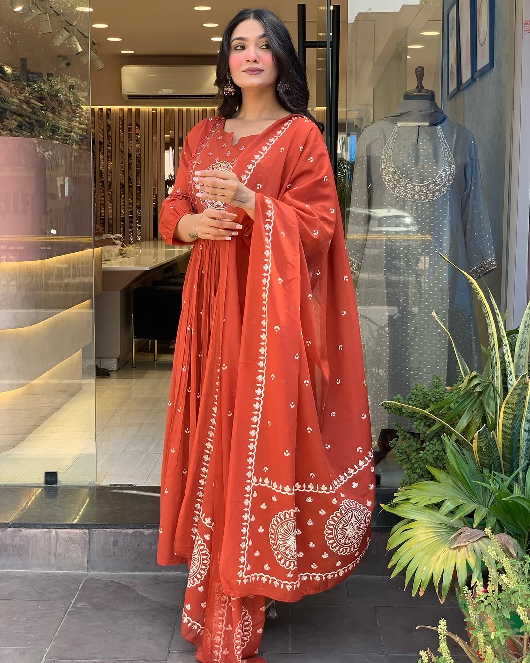 Libas Vibrant Rust Anarkali Suit With Embroidered Dupatta – Libas Kurta