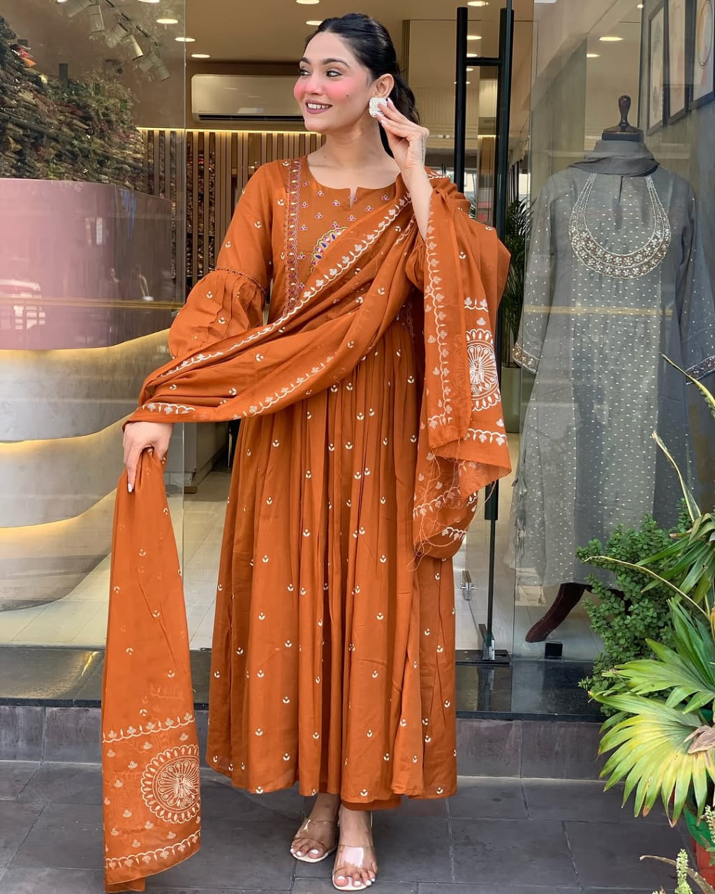 Elegant Rust Orange Anarkali Suit With Intricate Embroidery – Libas Kurta